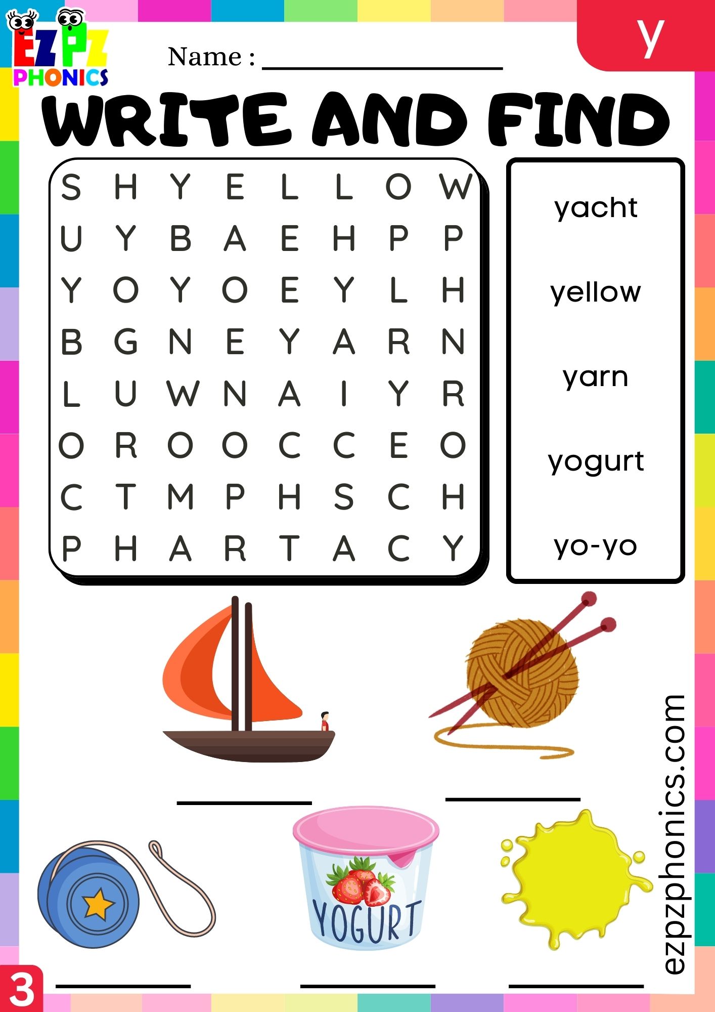 Letter y Word Search Write and Find the Words Group 3 - ezpzphonics.com